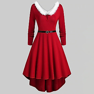 Christmas High Low Dress for Women Plus Size Mrs Claus Costume Xmas Outfits Fuzzy V Neck Swing Holiday Party Dress Red