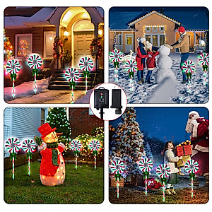 4 Pack 27.5" Lollipop Peppermint Christmas Pathway Lights Outdoor with Bow, Green Red White 80 LED Solar Candy Cane Lights 8 Modes Waterproof, Walkway Markers for Xmas Outsides Garden Yard Decoration