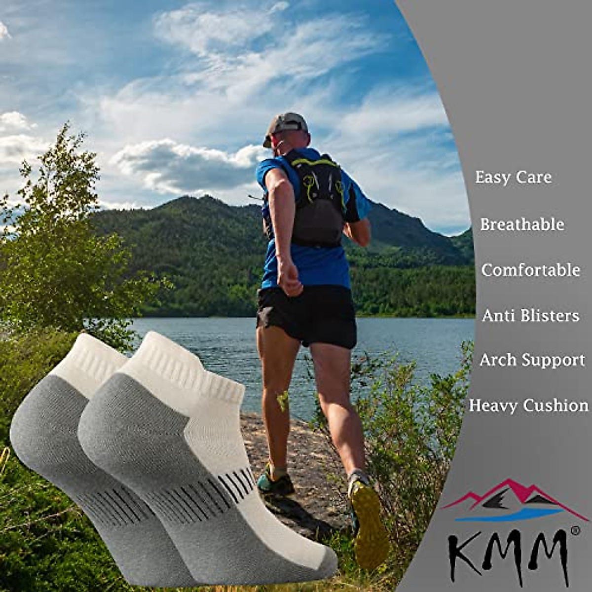 KMM Men's Merino Wool No Show Ankle Socks with Cushion Low Tab Summer for Outdoor Hiking Golf Loafer Sneaker Trail Running(White L)