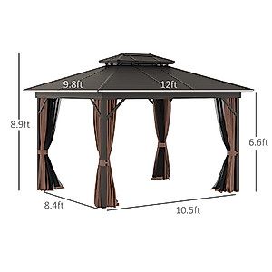 Outsunny 10' x 12' Hardtop Gazebo with Curtains and Netting, Permanent Pavilion Metal Double Roof Gazebo Canopy with Aluminum Frame and Hooks, for Garden, Patio, Backyard, Brown