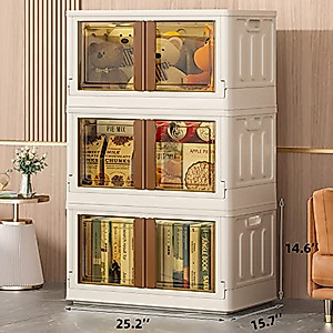 Plastic Storage Bins with Lids - 76Quart Collapsible Storage Bins,3 Packs Stackable Storage Bins with Lids,Beige Wardrobe Closet Organizer,Storage Cabinet,Foldable Plastic Storage Container with Door