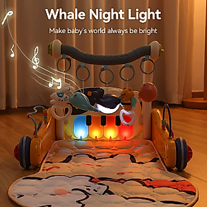 Baby Play Mat Gym,4-in-1 Baby Kick and Play Piano Tummy Time Mat Learning Walker-Musical Activity Center with Lights Seat and Push Walkers Ideas for Baby Newborn 0-6-12 18 Months Boy Girl