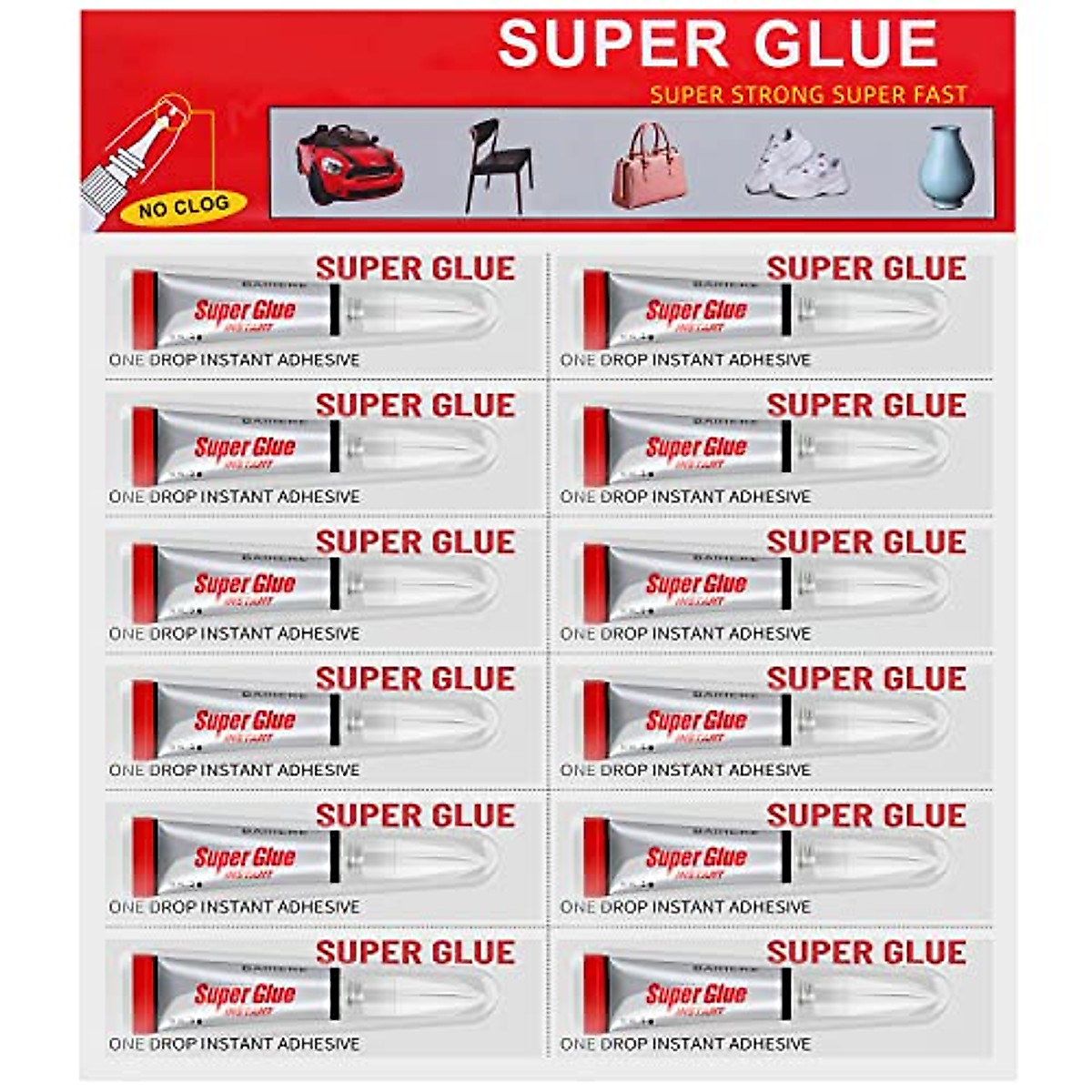 12 Pack Super Glue Clear, Strong Adhesive Superglue Gel Fast Drying Instant Cyanoacrylate (CA) Glue for Plastic, Wood, Metal Stone, Jewelry Beads Making, Phone Ceramic Crafts Repair (3 Gram/Tube)