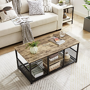 VECELO Coffee Center Table with Storage for Living Room Office Reception, Industrial Mesh Shelf, 39.4 Inch, Grey