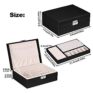 SYCARON 2023 Upgraded Jewelry Organizer Box for Women Girls, Large Travel Jewellry Organizer Case 2 Layer PU Leather Soft Lining with Lock for Rings Earrings Necklace Bracelets, Black