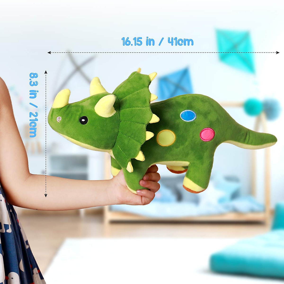 Dinosaur Plush Toy, 16" Stuffed Animal Triceratops Throw Plushie Pillow Doll, Soft Green Fluffy Friend Hugging Cushion - Present for Every Age & Occasion