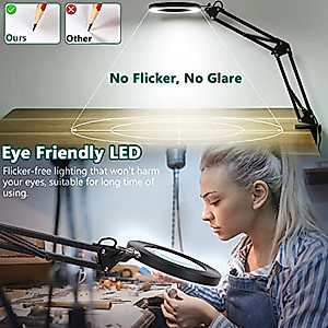 Magnifying Glass with Light and Stand, Veemagni 5X Real Glass 2-in-1 Desk Lamp & Clamp, 3 Color Modes Stepless Dimmable, LED Lighted Magnifier with Light for Hobby Reading Crafts Repair Close Works