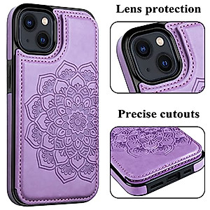 MMHUO for iPhone 14 Plus Case with Card Holder, Flower Magnetic Back Flip Case for iPhone 14 Plus Wallet Case for Women, Protective Case Phone Case for iPhone 14 Plus,Purple