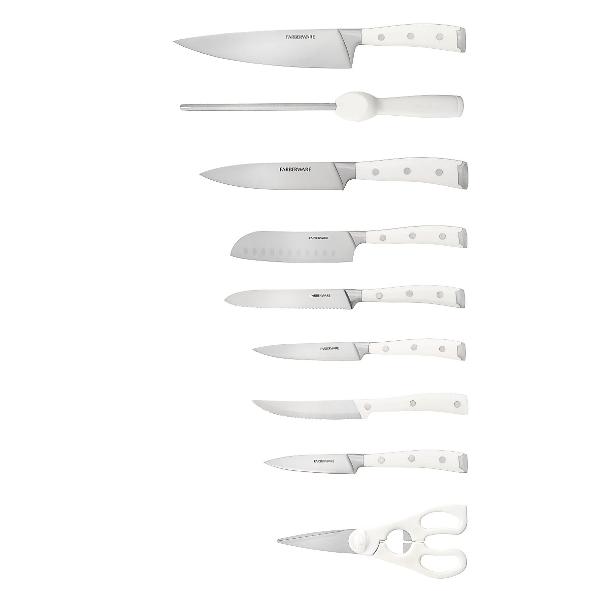 Farberware 15-Piece Forged Triple Rivet Knife Block Set, High-Carbon Kitchen Knife set with Ergonomic Handles, 15-Piece Set, Razor-Sharp Knife Set, White