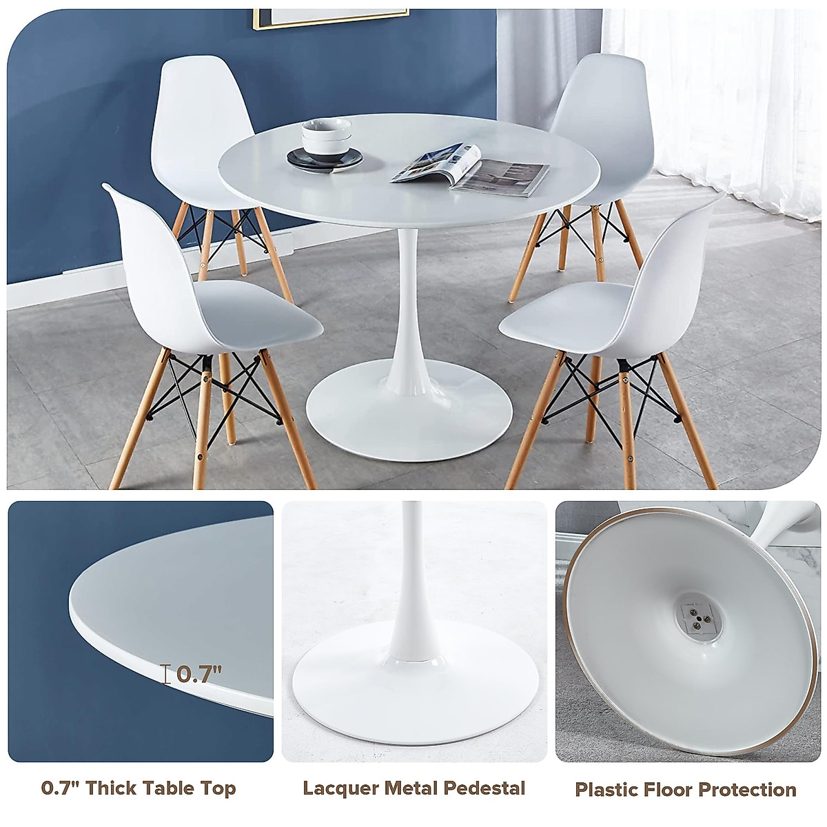 Ufurpie 5 Piece Dining Table Set, 42" Modern Round Dining Table and 4 DSW Chairs, Tulip Style Pedestal Base and Solid Wood Legs, Easy Assembled Dining Table Set for 4