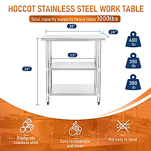 HOCCOT Stainless Steel Table for Prep & Work 24" X 30" inches with 2 Adjustable Shelf, Commercial Workstations, Utility Table in Kitchen Garage Laundry Room Outdoor BBQ