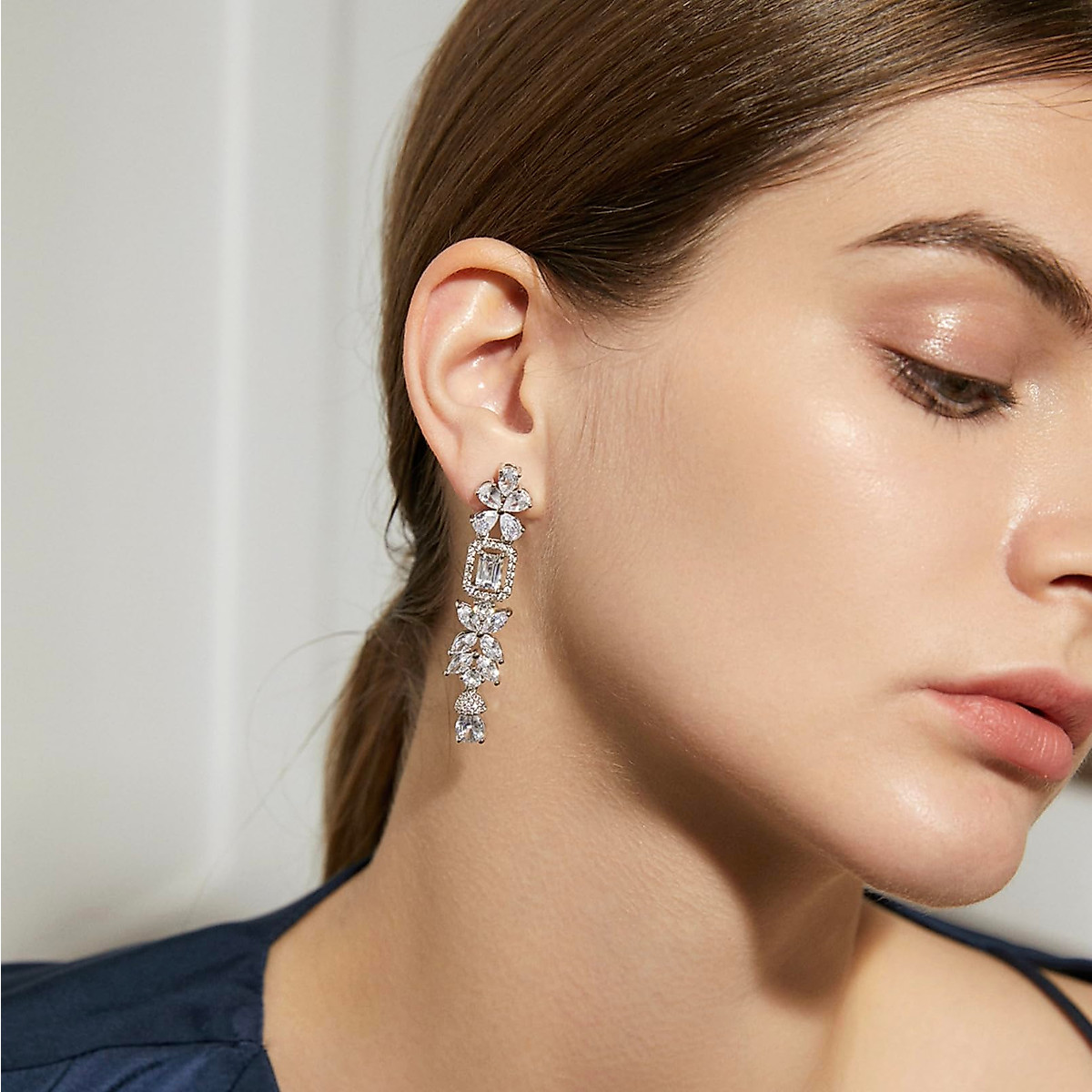 White Gold Plated Rectangle Square Shaped Crystal Wedding Bridal Bridesmaid Clear Cubic Zirconia Stud Dangle Earrings Fashion Jewelry for Women