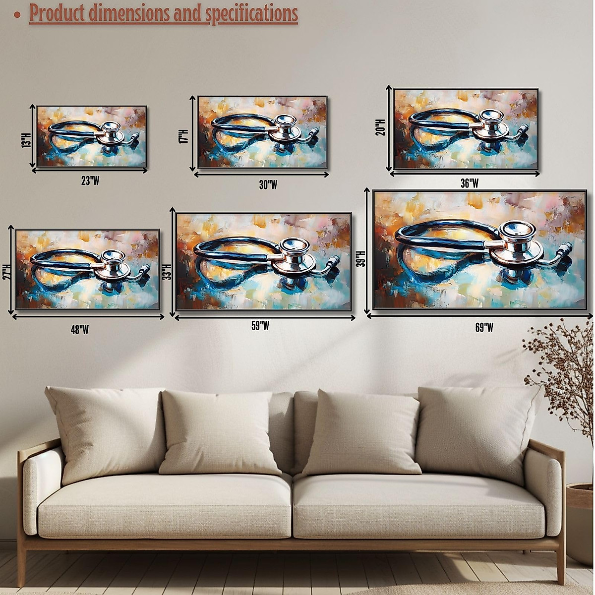 Stethoscope Canvas Wall Art,Medical Wall Art,Orange And Blue Wall Art,Framed Wall Art,Modern Bedroom Decor,Medical Office Wall Art (Gold Metal Framed, 48"Wx27"H/122x68cm)