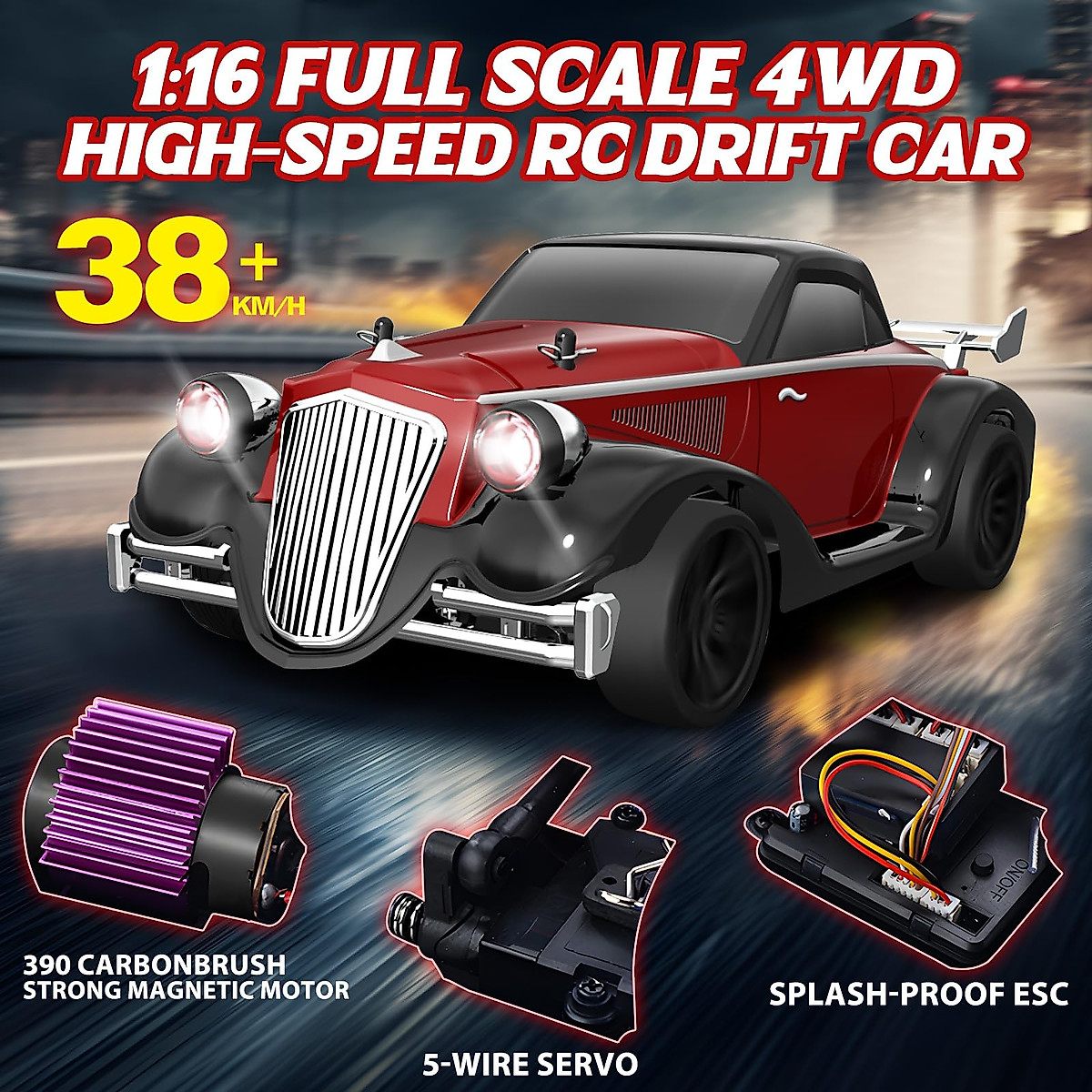 Desdoni RC Drift Car Full Proportional RTR Remote Control Car 1/16 Scale 38KM/H Fast 4WD RC Car 2.4Ghz with 6 Modes of Light 2Pcs Rechargeable Batteries Racing for Boys and Adults Gift
