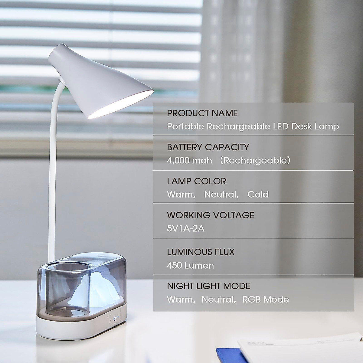 Bestoy Desk Lamp, Rechargeable LED Desk Light, Small Lamp with Pen Holder and Night Light for Study, Reading, Small Desk lamp for Dorm. College Dorm Room Essentials, Stepless Dimming, Eye Caring