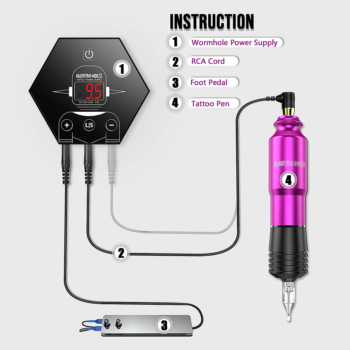 Wormhole Rotary Tattoo Machine Kit - 40 Cartridges, 20 Inks, Power Supply - Complete Professional Tattoo Pen Set for Beginners and Artists