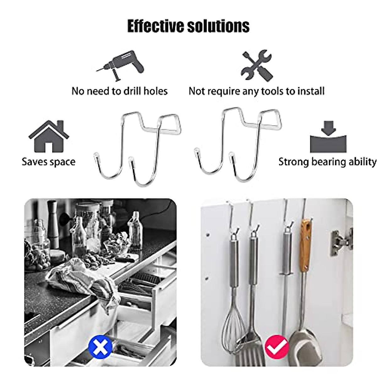 Stainless Steel Drawer Hook,Multipurpose Cabinet Door Hanger,Double Conjoined Organizer Tool,Bathroom/Kitchen/Closet/Laundry/Fence Gadget,Heavy Duty/No Drilling/Strong Bearing/Silver(4pcs)