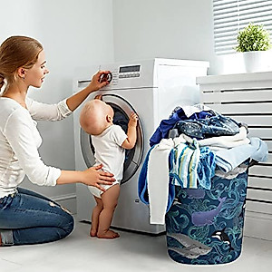 Whales Beautiful Ocean Giants Large Laundry Basket Hamper Bag Washing with Handles for College Dorm Portable