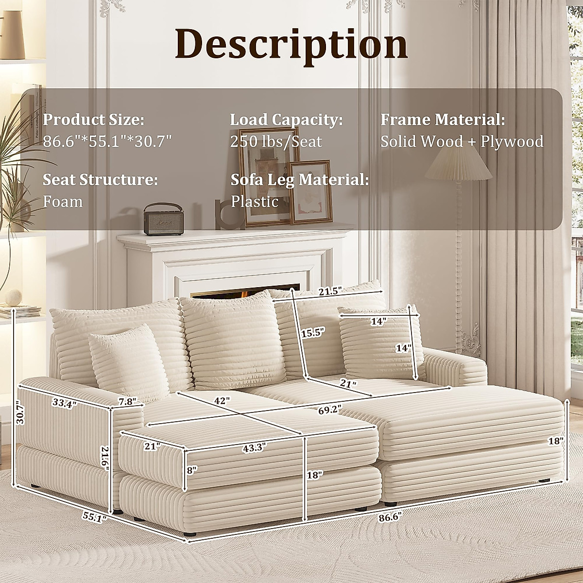 Olodumare Modern Minimalist 3-Seater Sofa with Extra Deep Seat,Corduroy Convertible Sectional Sofa Couch with 3 Back Pillows,2 toss Pillows and Two Ottoman for Living Room,Office,Small Space,Beige