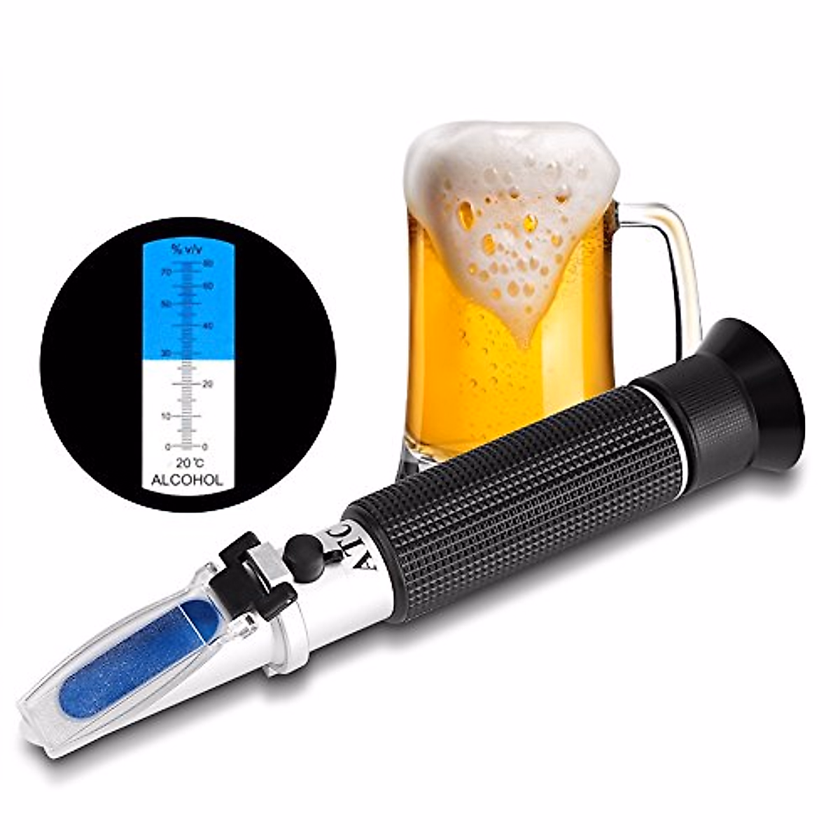 Alcohol Test Refractometer, Asixx Beer Refractometer, Alcohol Refractometer Professional Handheld Alcohol Test Refractometer Wine Tester, Made Aluminum, 0~80% Measuring Range