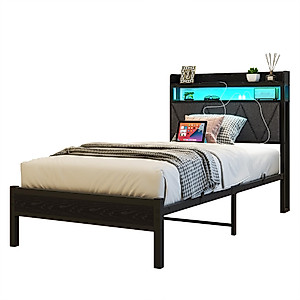 VERFARM Twin Size Bed Frame with LED Lights Storage Upholstered Headboard and USB Charging Station, Heavy Duty Metal Single Platform Bed Frame Twin Size, No Box Spring Needed, Easy Assembly