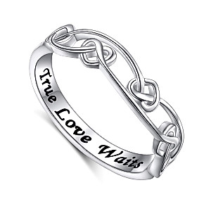 DAOCHONG S925 Sterling Silver Engraved True Love Waits Celtic Love Knot Ring for Women Girlfriend Wife Wedding Engagement Ring Size 7