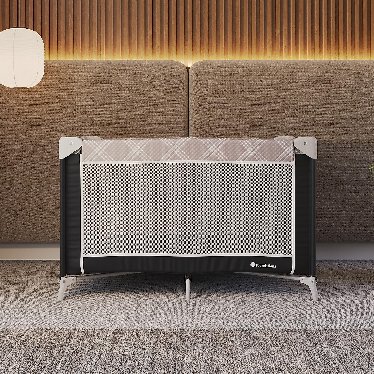 Foundations Sleep 'N Store Baby Pack and Play Yard - Portable Yard with Removable Infant Bassinet - Easy to Store Foldable Travel Play Pen - Includes Storage Bag & Foam Mattress - Mod Plaid Gray