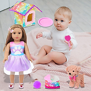 DOTVOSY American 18 Inch Doll's Clothes and Accessories Pets Dog Play Sets for 18" Doll Included Dress,Pets Dog,pet Nest, Toy Ball, Hair Comb