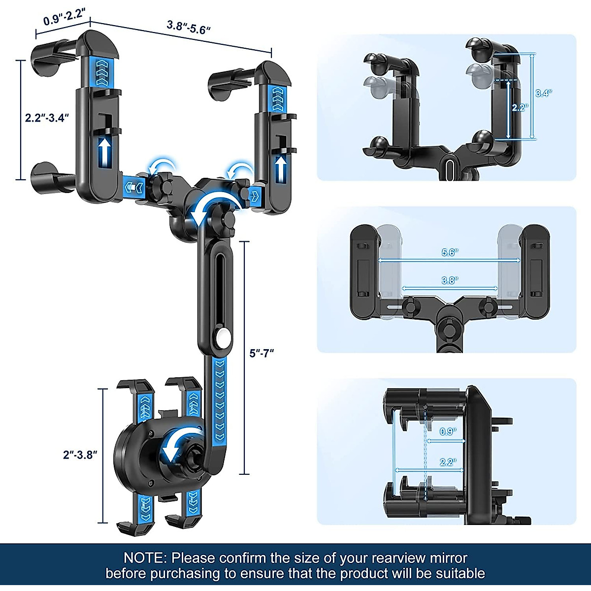 ZTNAGSD 360 Rotating Rearview Mirror Phone Holder, Mirror Phone Mount for Car, Universal Compatible with All Smartphones
