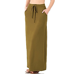 ShezPretty Women's Premium Fold Over High Waist Long Floor Length Maxi Skirt Drawstring (Large, DS-Dusty Olive)