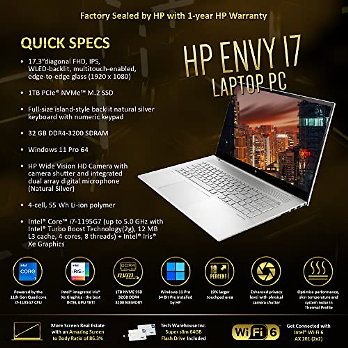 HP Envy 17T 2022 Laptop, i7-1195G7 11th gen, 32GB RAM, 1 TB NVMe SSD, 17.3" FHD Touch, Thunderbolt 4, Win 11 PRO, WiFi 6, B&O Audio, USB-A, Intel Xe Graphics, Silver, 64GB Tech Warehouse Flashdrive