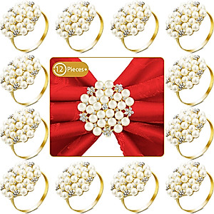 Hotop Napkin Rings Set Gold Pearls Flower Napkin Buckles Rhinestone Round Napkin Holders for Wedding Banquet Home Party Decoration Dining Table Linen Accessory (12 Pcs)