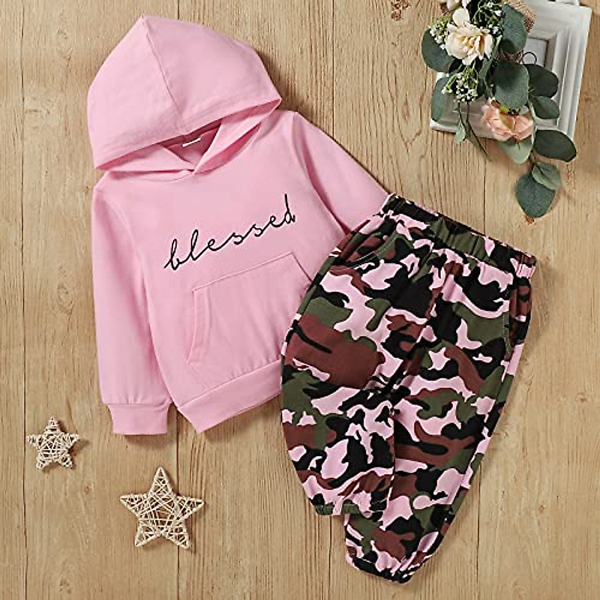 Toddler Baby Girl Winter Outfits Blessed Printed Hooded Top + Camouflage Pants 2pcs Clothes Set Tracksuit