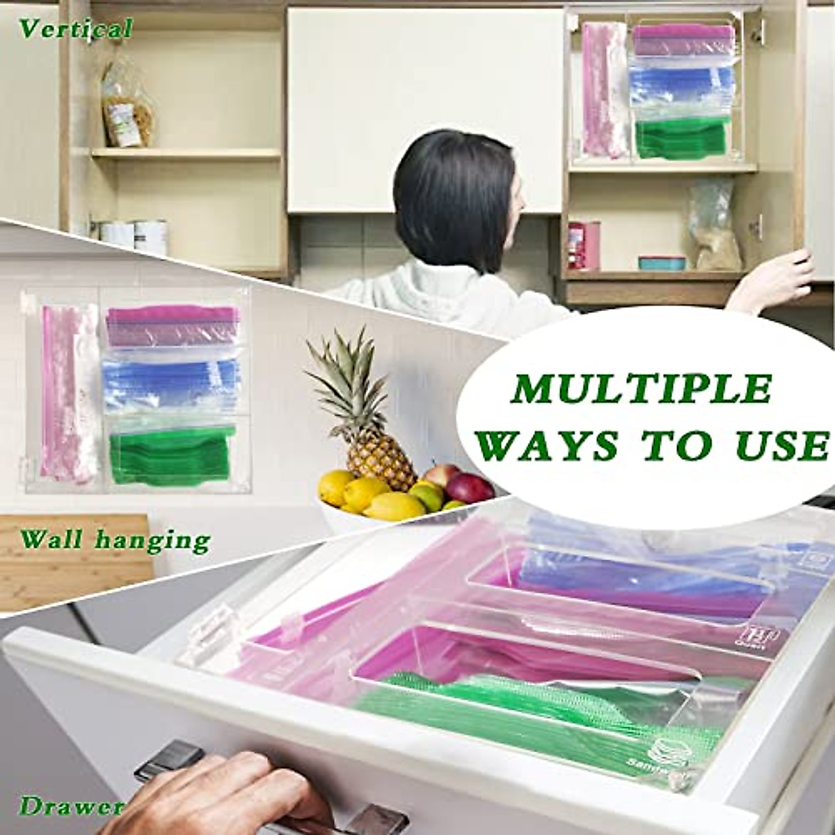 AXISNA Ziplock Bag Storage Organizer, Baggie Bags Drawer Organizer & Plastic Food Storage Bags Holder,Acrylic Baggie Organizer,Compatible with Gallon, Quart, Sandwich, Snap, Freezer, Slider Bags (Clear)
