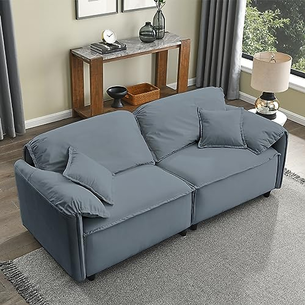 Suheww 79” Velvet Sofa Set 2 Piece, Modular Sectional 3-Seater Futon Couch Set, Living Room Furniture Set with 4 Pillows, Grey Blue