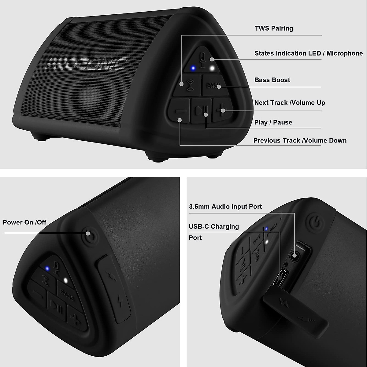Prosonic BT3 Portable Wireless Bluetooth Speaker with 10W Stereo Sound & Bass Boost -Rich Sound & Intense Bass -Bluetooth 5.0 -Microphone -IPX5 - in & Outdoor Speaker (Black)