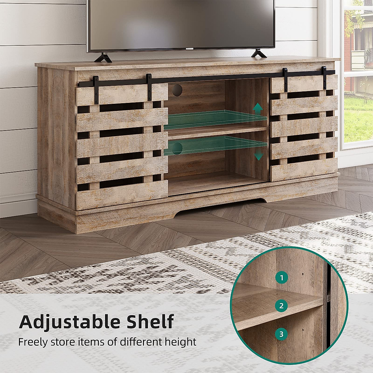 YITAHOME Farmhouse TV Stand for 65/60/ 55 Inch TV, Rustic Modern Entertainment Center for 300 lbs with Sliding Barn Door, Wood TV Media Console Storage TV Cabinet for Living Room, Grey Wash