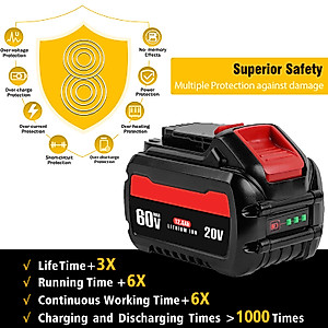 【Upgrade】20V/60V 12.0Ah Replace Battery for Dewalt 60V Battery DCB606 DCB612 MAX Repalce for Dewalt 60V Flexvolt battery DCB606-2 DCB609-2 DCB204 DCB206 Cordless Power Tools Lithium-ion Battery