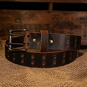 Men’s Classic Leather Belt, Double Prong Retro Style, Antique Brass Buckle, 1 ½” Width, Amish handmade in the USA (Vintage Brown, 34")