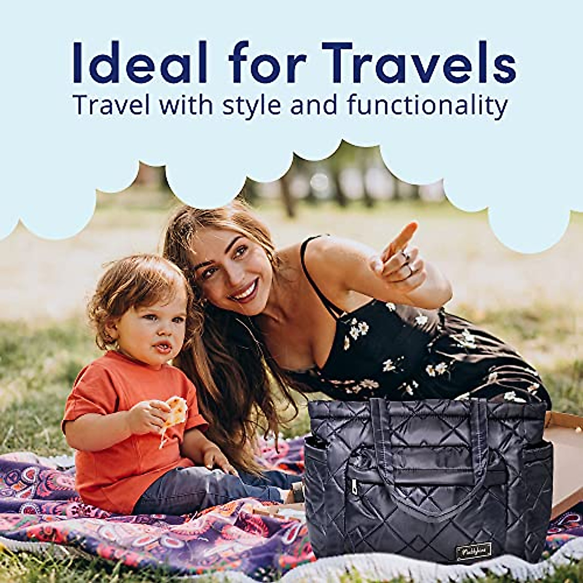 Great Travel Size Stylish Quilted Diaper Tote Bag, Gender Neutral Go Bag with Portable Changing Pad, Laptop Pocket, Shoulder Strap, and 2 Stroller Straps, Navy