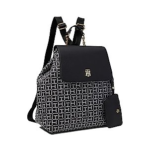 Tommy Hilfiger Maxine II Flap Backpack w/Hangoff Square Monogram Jacquard Black/White One Size