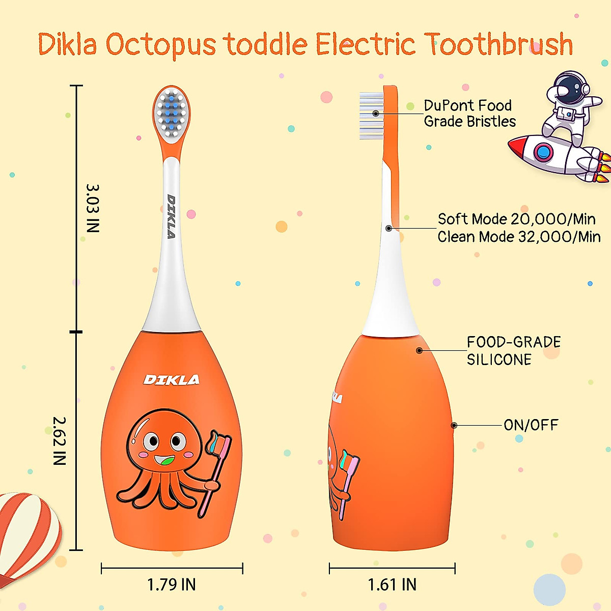 Kids Electric Toothbrush with Octopus Design for Children Aged from 3 to 12 Years Old, 2 Modes with Memory & 20000 to 31000 SPM, IPX7 Waterproof, Fun & Easy Cleaning Design (Orange)