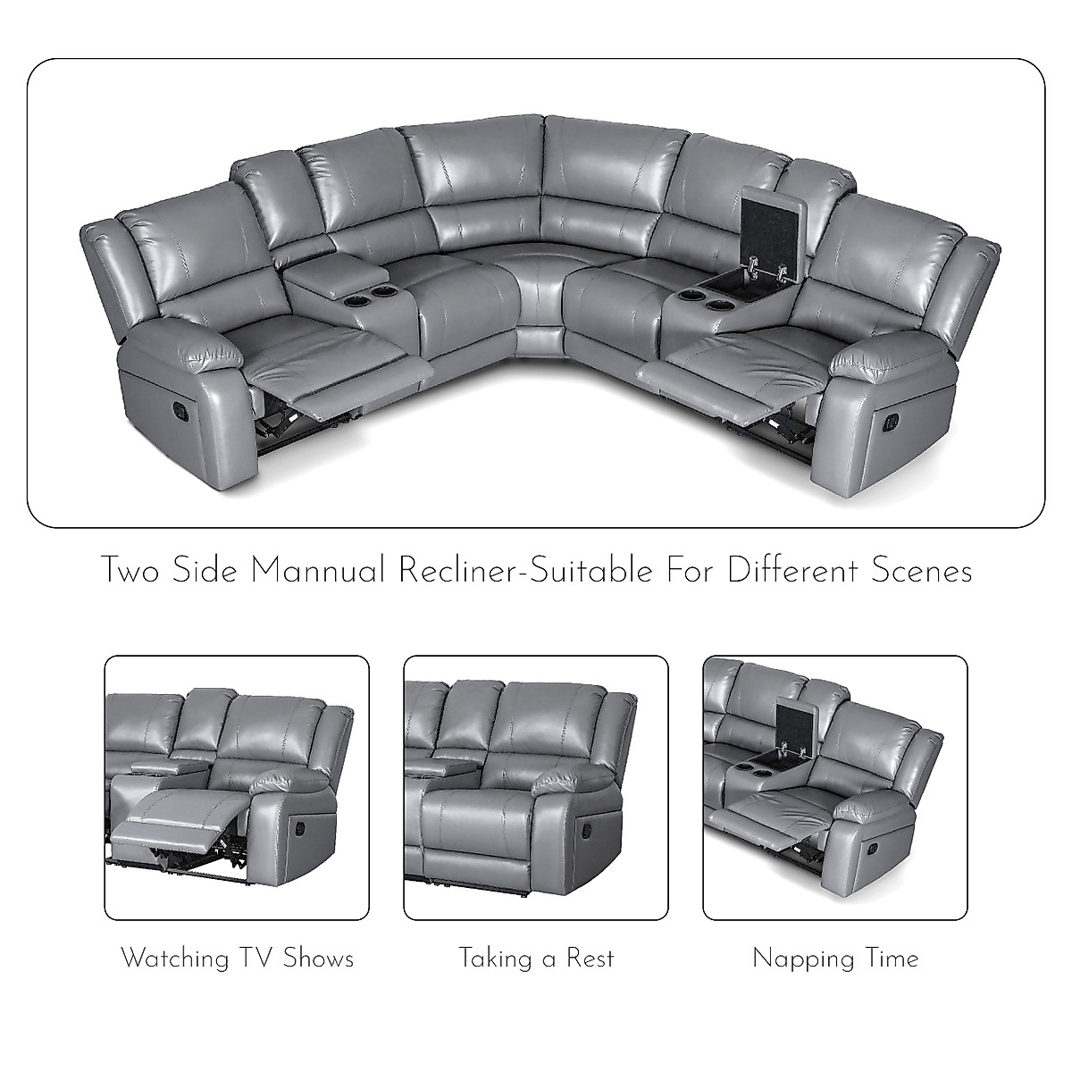 UR livingroom Modular Sectional Sofa PU Leather Manual Recliner Sofa Symmetrical Sectional Couches for Living Room Livingroom Furniture Sets, Grey