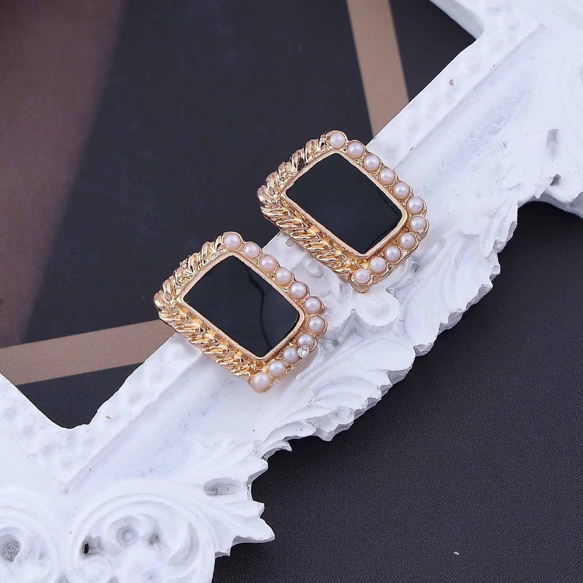 Sttiafay Vintage Black Square Earrings Onyx Square Stud Earrings Black Enamel Square Earrings Tiny Pearl Square Stud Earrings Jewelry for Women and Girls