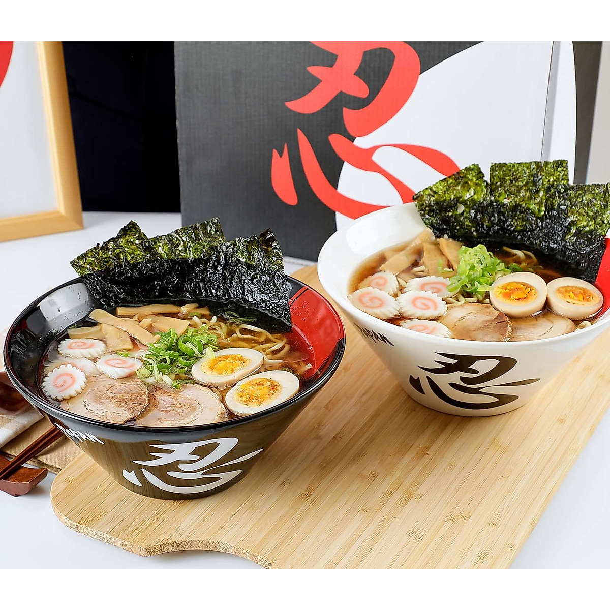 HAKONE YOSEGI Ceramic Japanese Ramen Bowl Set (Black, 60oz)