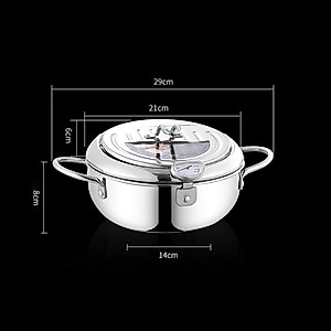 Stainless Steel Deep Fryer - Large Japanese Deep Fryer Pot - with Lid, with Thermometer & Oil Drip Drainer Rack for Kitchen Home Use (Stainless Steel, 20cm)