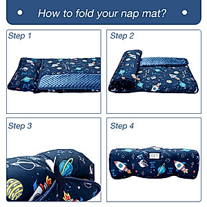 beeweed Toddler Nap Mat, Rollup Design Kid Sleeping Mat with Removable Pillow & Minky Blanket, Toddler Sleeping Bag for Daycare Preschool Travel Camping, Space Ship