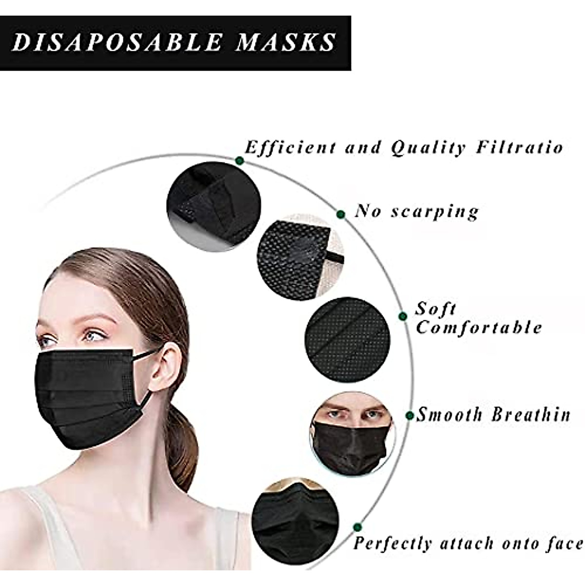 Black Disposable Face Masks, 100Pcs Adult Face Mask 3 Ply Safety Mouth-Cover with Elastic Earloops, Breathable Face Protection for Men & Women,non-medical