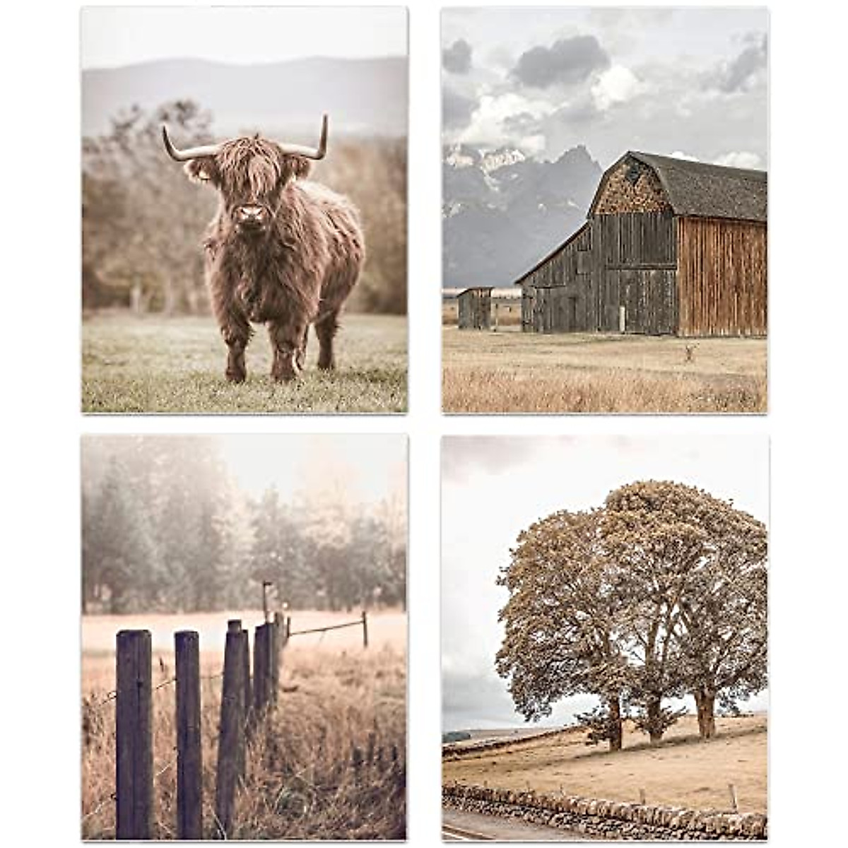 RUIYAN Farmhouse Landscape Wall Art, Highland Cow Decorations, Western Country Photography Canvas Art Prints for Living Room Bedroom Decor, Fall Forest Nature Prints, Set of 4(8''x10'', Unframed)