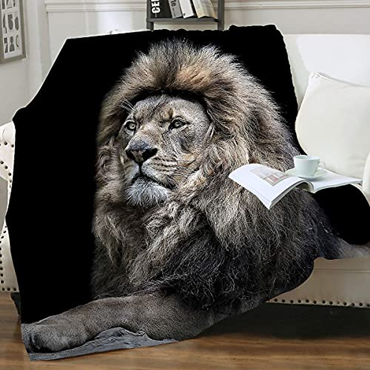 KYKU Lion Blankets for Adults Animal Throw Blanket for Kids Face Black Fleece Home Decorative Living Room Sofa Hug Nap Travel Car Soft Warm Cozy 3D Printed Design Gifts (Black, 50" × 60")